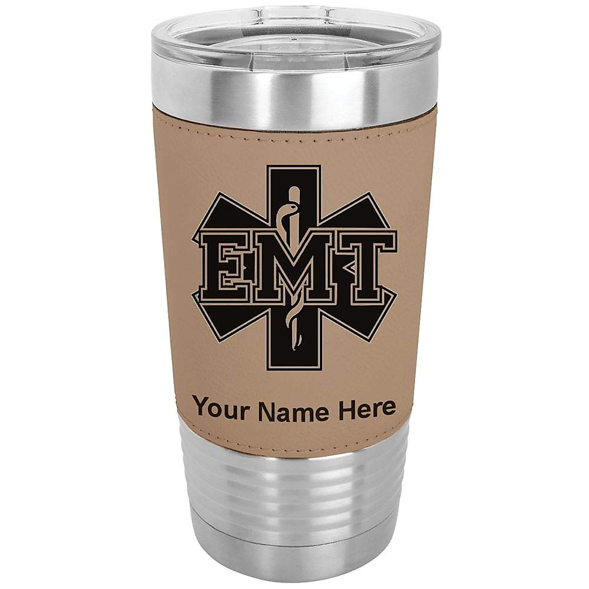 LaserGram 20oz Vacuum Insulated Tumbler Mug, EMT Emergency Medical Technician, Personalized Engraving Included (Faux Leather, Light Brown)