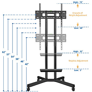 Rfiver Mobile TV Cart with Wheels, 32-80 Inch TV Stand for LCD LED OLED Flat Curved Screens, Height Adjustable Rolling Floor TV Stand, Portable Outdoor TV Trolley with Laptop Shelf, Tall TV Stand