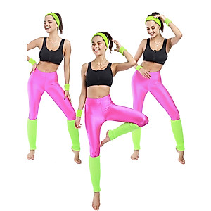SATINIOR 80s Neon Leggings Party Retro Jogging Sports Headband Wristbands Leg Warmers (Rose Red)