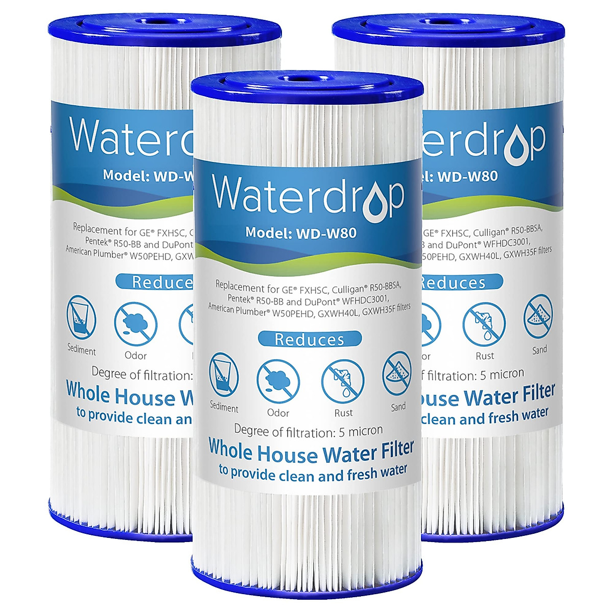 Waterdrop W50PEHD Whole House Water Filter, Replacement for American Plumber, W10-PR, Culligan® R50-BBSA, GE ®FXHSC, GXWH40L, GXWH35F, 5 Micron, 10" x 4.5", High Flow Sediment Filters, Pack of 3