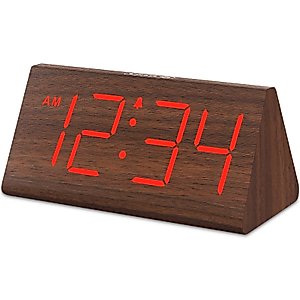 DreamSky Wooden Digital Alarm Clocks for Bedrooms - Electric Desk Clock with Large Numbers, USB Port, Battery Backup Alarm, Adjustable Volume, Dimmer, Snooze, DST, 12/24H, Living Room Wood Décor (Red)