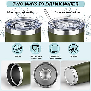 ATIKZHE 20oz Tumbler with Straw and Brush, Stainless Steel Vacuum Insulated tumbler, Double Wall Insulated Coffee Tumbler for Outdoor, Home, Travel,Office (Army Green,1pcs)
