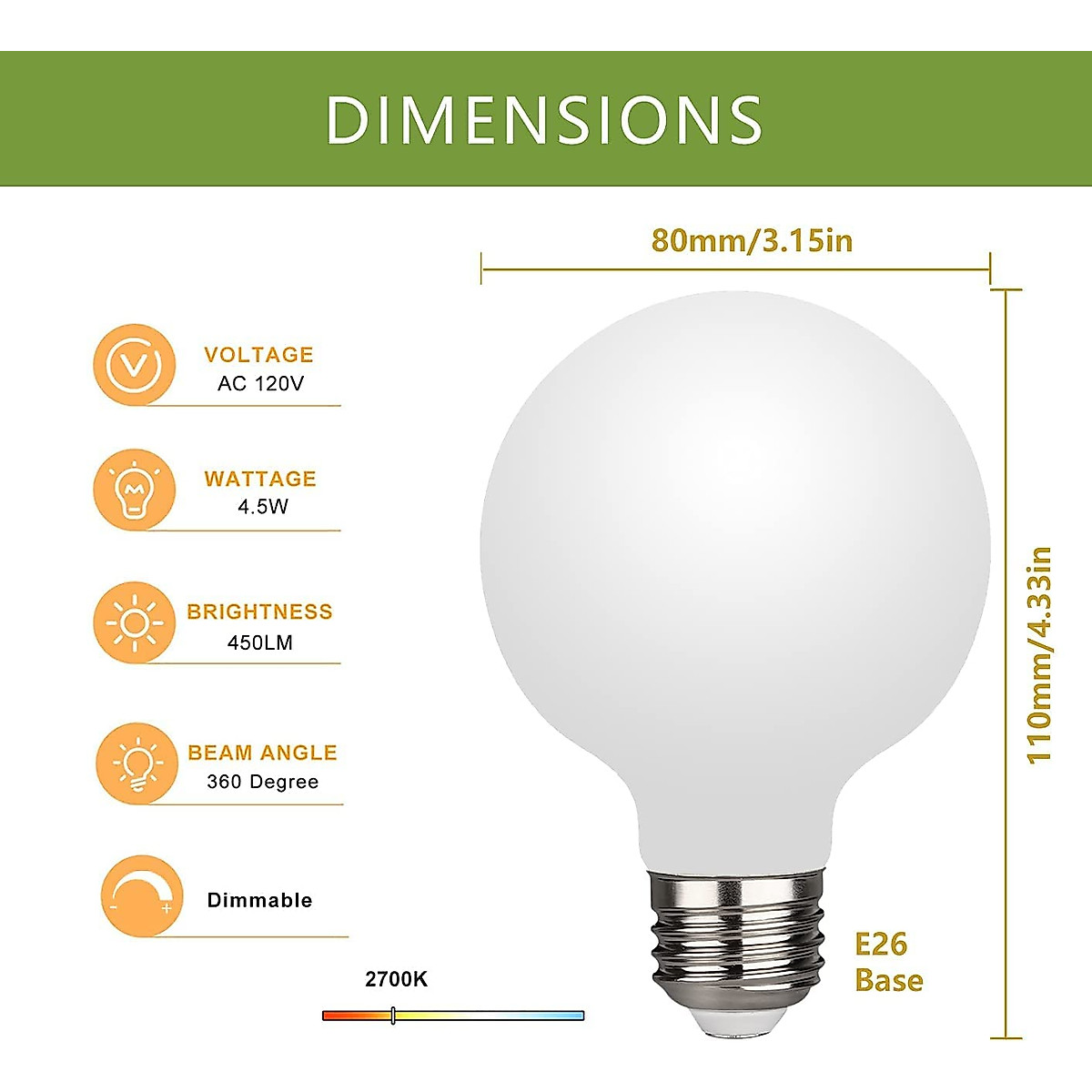 KGC LED Edison Globe Light Bulbs, Warm White 2700K CRI 90, LED Filament Light Bulb, 5W Equivalent to 40W, G25(G80) Dimmable LED Bulbs, Milky Glass, Bathroom Vanity Mirror, Pack of 6