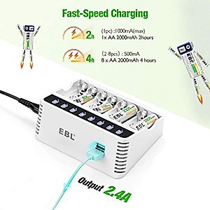 EBL 8 Bay AA AAA Battery Charger with Discharge Function for AA AAA Ni-MH Ni-CD Rechargeable Batteries - with LCD Display and 2 USB Output Port