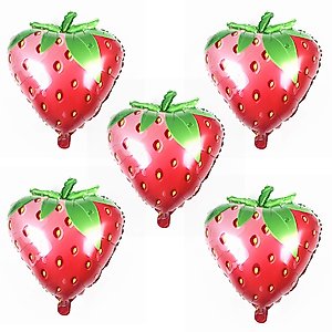 HORUIUS Strawberry Balloons Fruit Strawberry Foil Mylar Balloons for Baby Shower Strawberry Themed Party Birthday Decoration Supplies 28 inch 5PCS