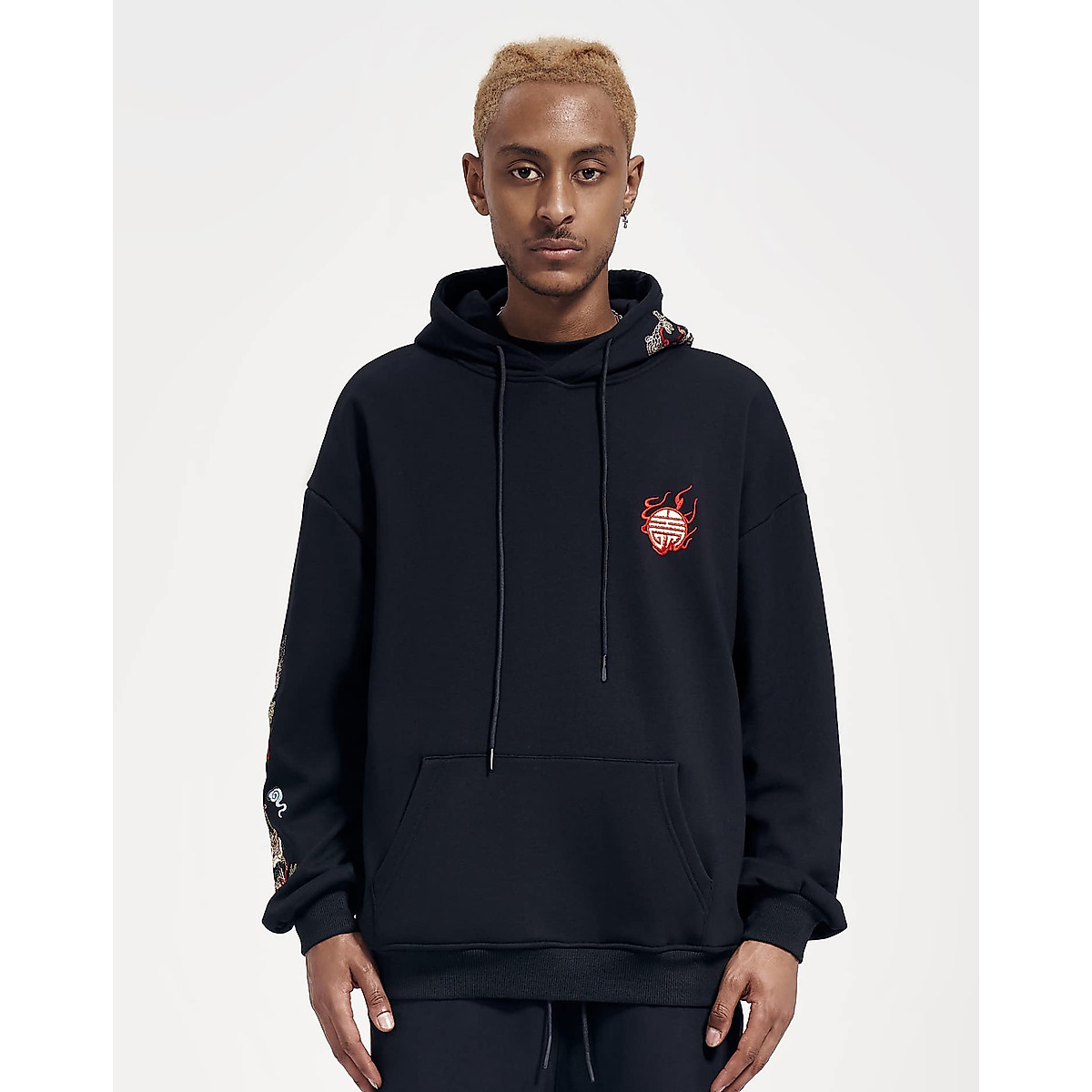 Niepce Inc Streetwear Men's Dragon Embroidered Heavyweight Graphic Hoodies (black-dragon, Large)