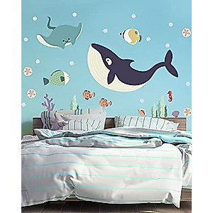 Ocean Fish Wall Decals Peel and Stick 39" Large Whale Wall Decal Under The Sea Wall Stickers for Kids Bedroom Ocean Decal Stickers for Baby Girl Boy Room Decor Undersea Fish Decor Wallpaper Stickers Mural Wall Art for Nursery Underwater Fish Decal