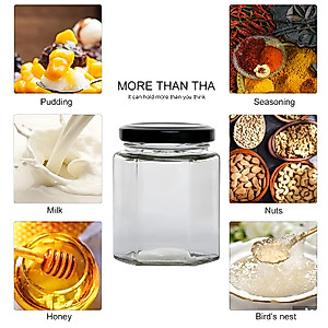 Woaiwo-q 6 oz Hexagon Glass Honey Jars, Glass Jars with Black Lids,Bronzy Bee Pendants,Wooden Honey Sticks,Small Tags,1.5m Jute Twine -Clear Hexagon Jars for Honey,Jams, Liquid.(25 Pcs)…