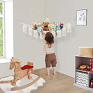 Zeesa Stuffed Animal Net or Hammock, Boho Hanging Net Storage with Macrame, Corner Toy Net Holder for Plush Toys Display, Beige