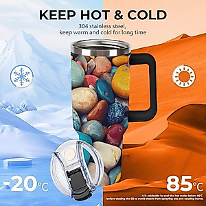 LLUTSNTH 40 Oz Vacuum Tumbler with Black Handle Leakproof Insulated Tumbler Colored Stones Stainless Steel Travel Mug with Lid And Straw Coffee Cup Cute Water Bottles Cup Holder Friendly