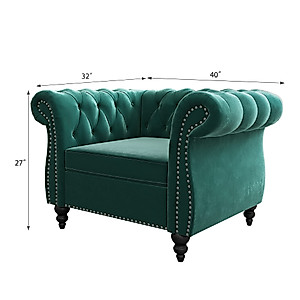 3 Piece Living Room Set, Velvet Chesterfield Sofa Loveseat Couch Chair with Scroll Arms and Nailhead for Living Room, Office (Green)