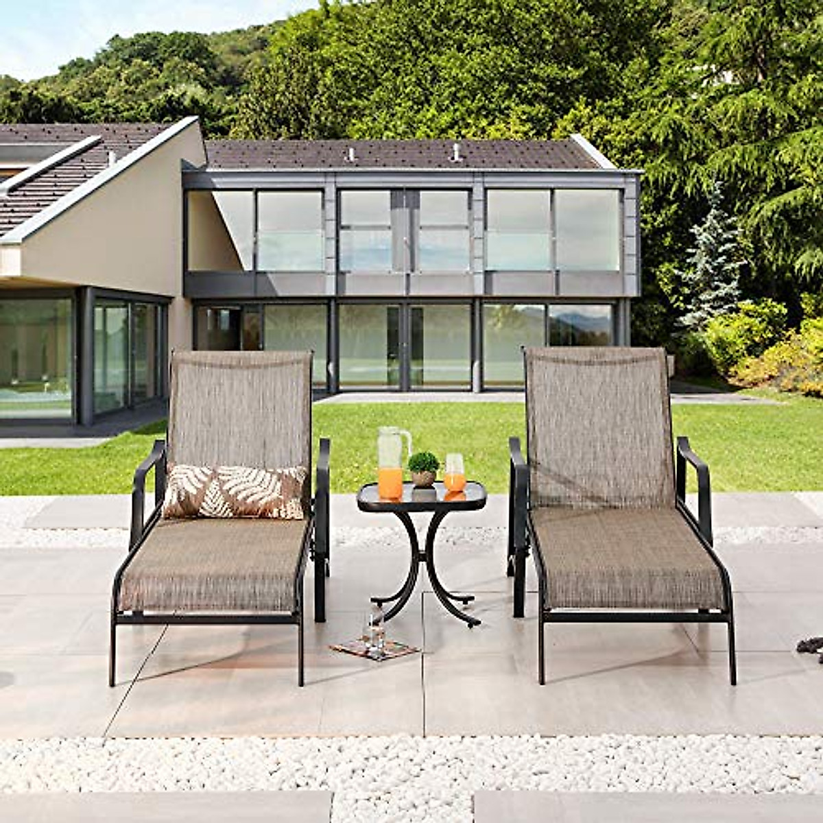 LOKATSE HOME Outdoor Patio Adjustable Metal Chaise Lounge Chair Recliner Set of 2 with 1 Glass Top Bistro Table, Grey