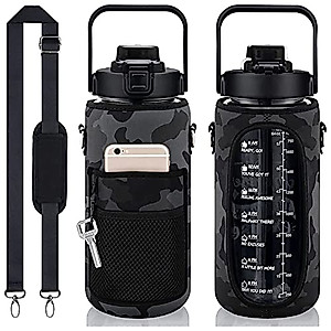 Rewfig Half Gallon Water Bottle with Sleeve & Strap 64 OZ Motivational Water Bottle with Straw & Time Marker to Drink Leakproof Tritan BPA Free Workout Gym Sport Water Jug, Sports Bottle