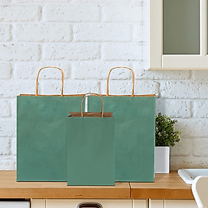 Prime Line Packaging 6x3x9 50 Pack Green Small Gift Bags with Handles, Kraft Colored Paper Bags, Recycled Bags, Items for Wedding Welcome Bags, Bulk