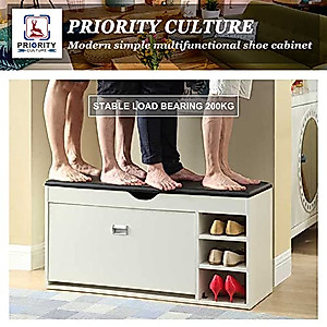 Priority Culture Shoe Rack Bench with Storage and Cushion, Shoe Rack Bench Tipping Bucket Shoe Cabinet, Leather Entryway Shoe Bench Seat Shoe Organizer Shoe Cabinet, No Installation Required