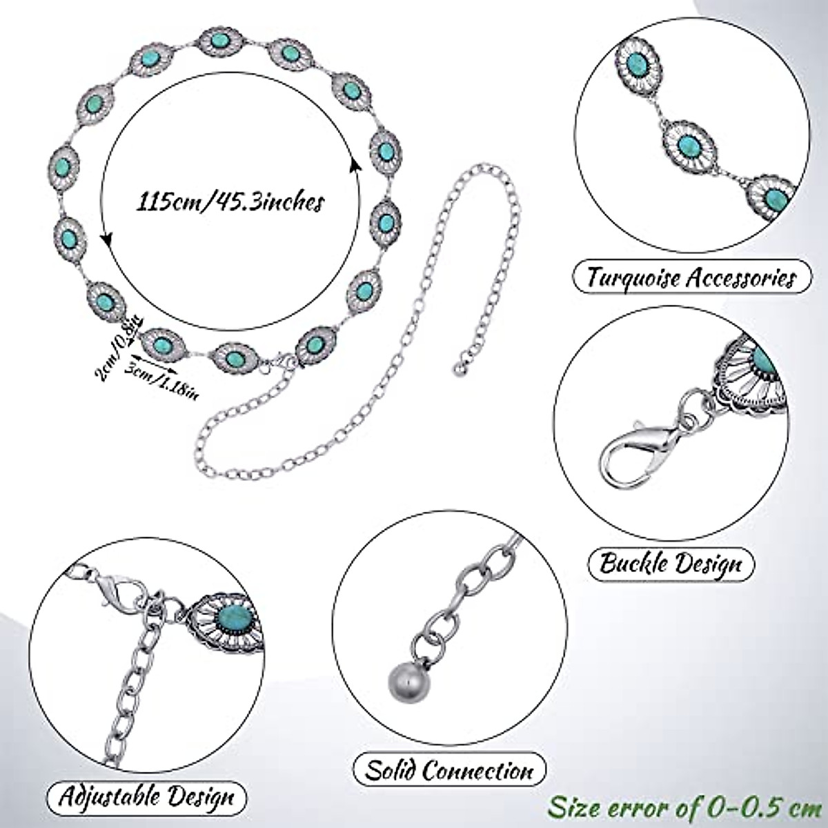 Junkin 2 Pcs Women Concho Western Chain Belts Turquoise Chain Belts Antique Western Waist Belts Metal Belt