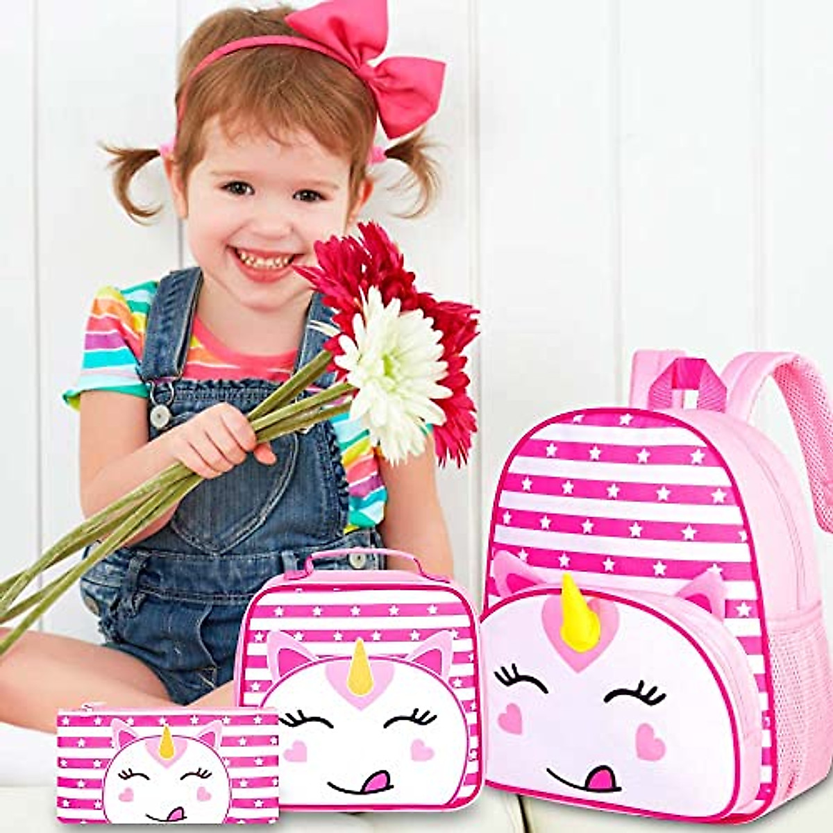 ZLYERT 3PCS Toddler Backpack for Girls, 12" Unicorn Preschool Bookbag with Lunch Box, Cute Animal Kids Kindergarten Schoolbag - Pink