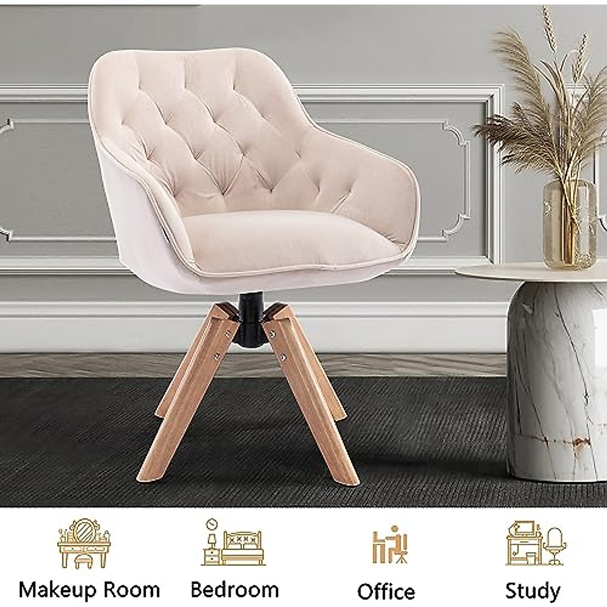 Gnrolaz Swivel Desk Chairs No Wheels,Cute Vanity Chair with Tufted Shell Back & Wood Legs,Comfortable Home Office Desk Chairs/Rolling Chair/Task Chair/Computer Chairfor Living Room,Bedroom,Makeup Room