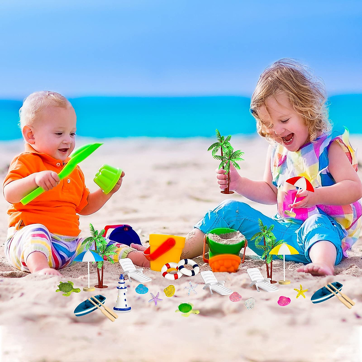 Burbell 24 Pieces Beach Style Miniature Ornament Set, Miniature Garden Doll House Cake Topper Decoration, Fairy Garden Accessories Micro Landscape Ornaments for DIY Fairy Garden Dollhouse Plant Decor