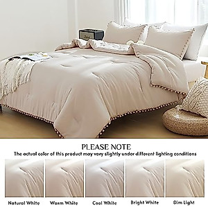 JOLLYVOGUE Queen Comforter Set 3 Pieces,Beige Bed in a Bag Boho Pom Pom Ball Bedding Sets for All Season, Lightweight and Soft Bedding Comforter Set with 1 Comforter and 2 Pillowshams