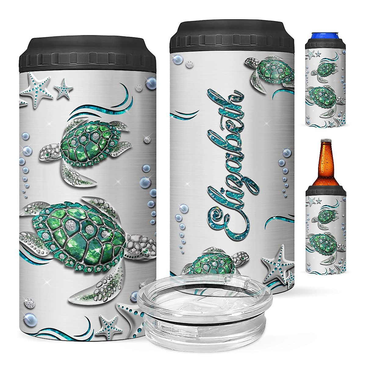 ZOXIX Sea Turtle Can Cooler Tumbler 16oz 4-in-1 Can Holder Travel Mug Jewelry Style Stainless Steel Insulated Cup Ocean Animal Turtles Mothers Day Personalized Name Gifts For Mom