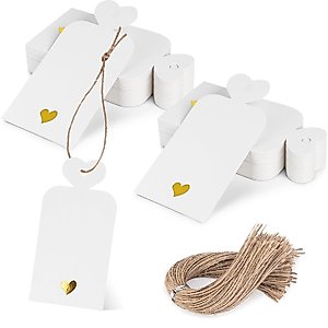 SallyFashion 100PCS Gift Tags with String, Blank Gift Tags with Foil Gold Heart Gift Wrapping Tags for Birthday Party Baby Shower Wedding Favor