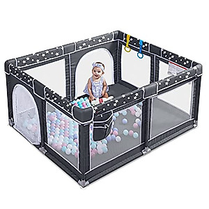 ANGELBLISS Baby Playpen, Large Baby Playard, Play Pens for Babies and Toddlers with Gate, Indoor & Outdoor Play Area for Infants, Kids Safety Play Yard with Star Print (Dark Grey, 50"×50")