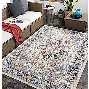 Mark&Day Area Rugs, 8ft Round Bishop Hill Traditional Dark Blue Indoor / Outdoor Area Rug, Blue / Orange / Beige Carpet for Living Room, Bedroom or Kitchen (7'10" Round)