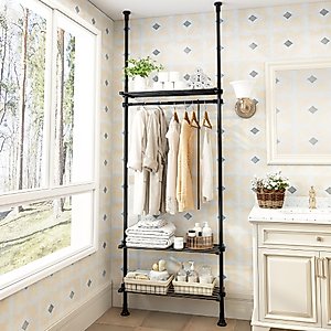 DYN Ptah 4-Tier Over Toilet Bathroom Organizer Floor to Ceiling, Over The Toilet Storage Rack with Tension Poles/Shelves/Clothes Rail, Adjustable Height, Width and Position, Metal Black