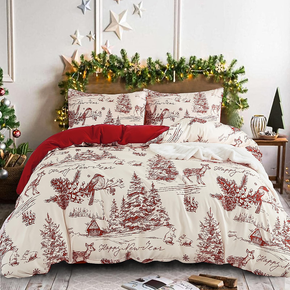 Christmas Duvet Cover Queen Size, 3PCs Red Village Christmas Bedding Set, Holiday Decor Soft Microfiber Duvet Cover and 2 Pillowcases with Zipper Closure for Kids Teens Adults (90"x90")