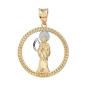10k Two-Tone Gold Santa Muerte Round Rope Design Frame Necklace, 16"