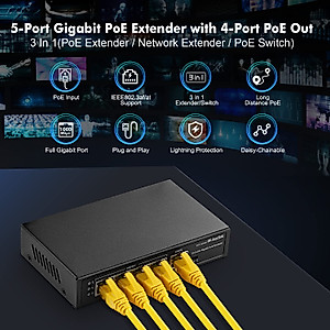 MokerLink 5 Ports Gigabit PoE Passthrough Switch, 1 PoE in 4 PoE Out PoE Repeater, IEEE 802.3af/at Extender, 100/1000Mbps, Wall Mount, PoE Extender/Injector/Network Extender Three in one