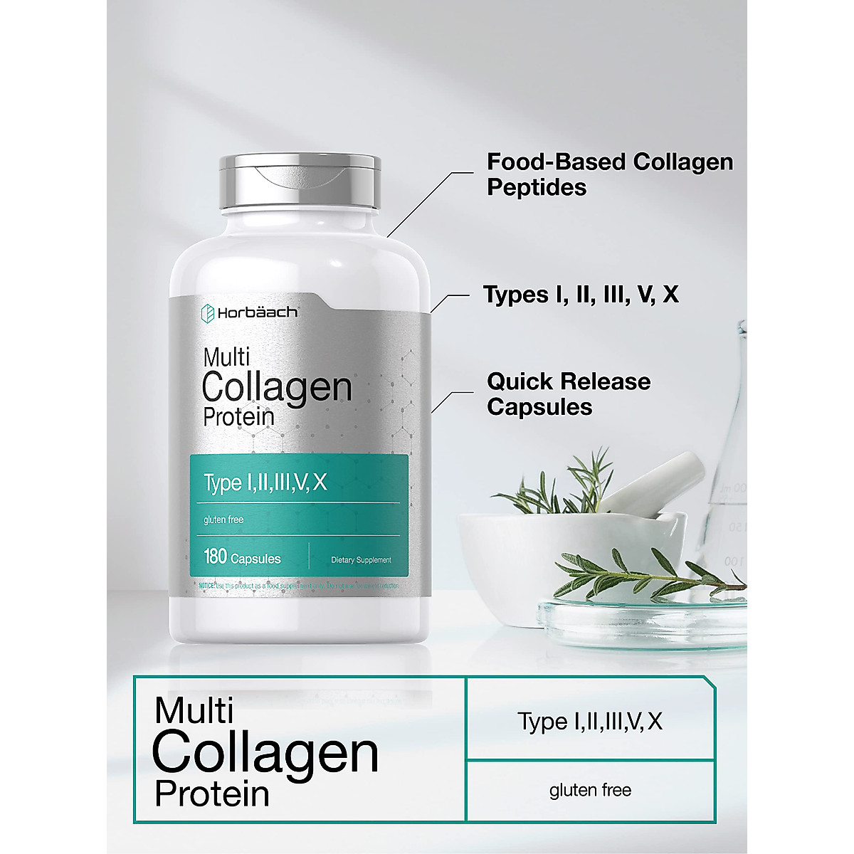 Horbäach Multi Collagen Protein 2000 mg | 180 Capsules | Type I, II, III, V, X | Keto & Paleo Friendly, Gluten Free Supplement