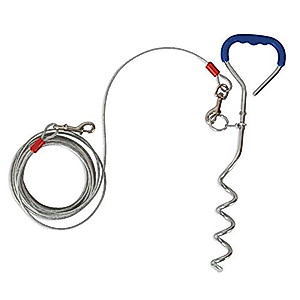 Petmate Easyturn 18 Inch Spiral Stake Dog Tie Out With 20 Foot Cable; For Dogs Up To 100 Pounds, Blue Comfort Power Handle For Secure Installation Into Ground