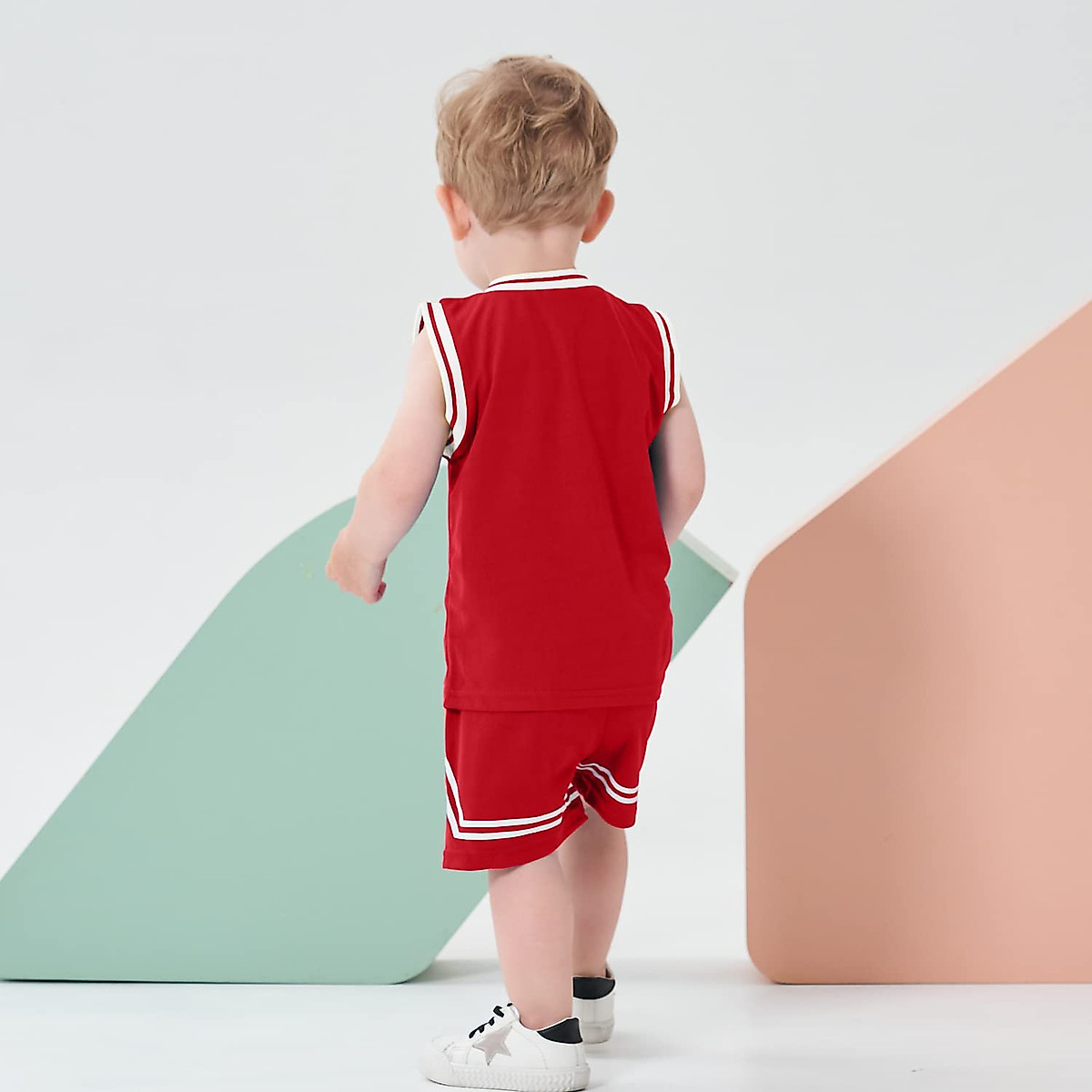 Volunboy Kids Sports Shorts Sets Boys Jerseys Tracksuit 2 Piece Basketball Performance Tank Top and Mesh Shorts Set (Red, 1-2T)