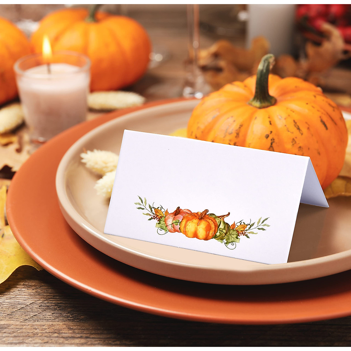 100 Pack Thanksgiving Place Cards with Pumpkins and Fall Leaves Seating Harvest Name Card Table Setting Folded Paper Autumn Tent Cards for Dinner Wedding Tables Placement Party Decorations 2" x 3.5"