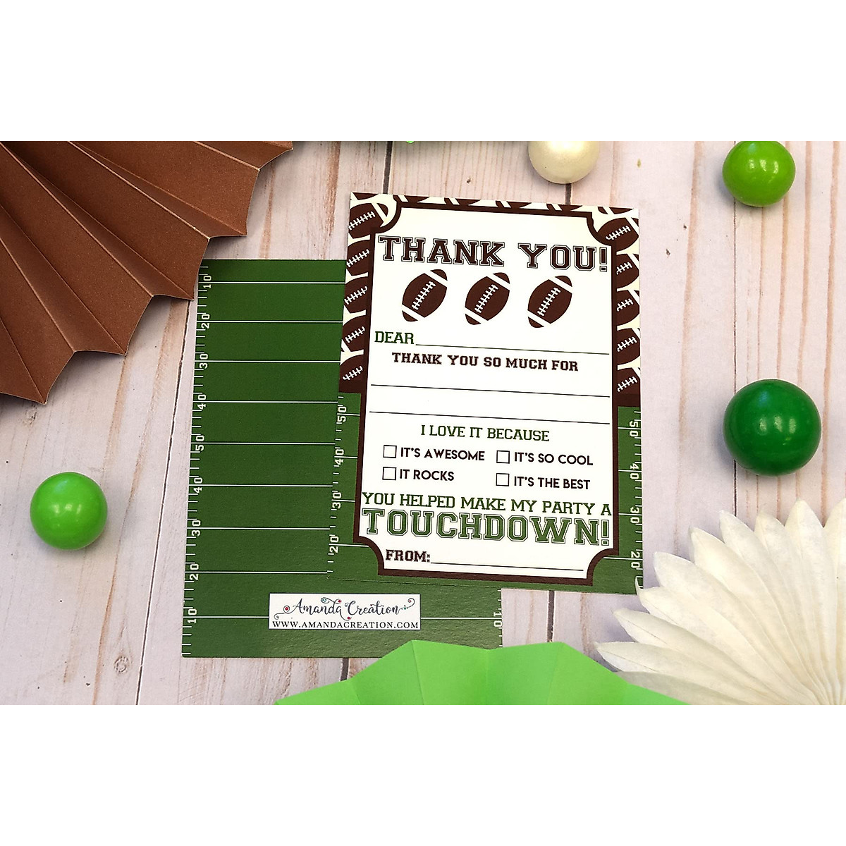 Football Touchdown Thank You Notes for Boys, Ten 4" x 5.5" Fill In The Blank Cards with 10 White Envelopes by AmandaCreation