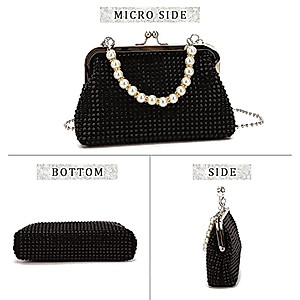 SUKUTU Women Luxury Full Rhinestone Shoulder Bag Noble Kiss Lock Crystal Messenger Bag Clutch Handbag with Pearl Beaded Chain