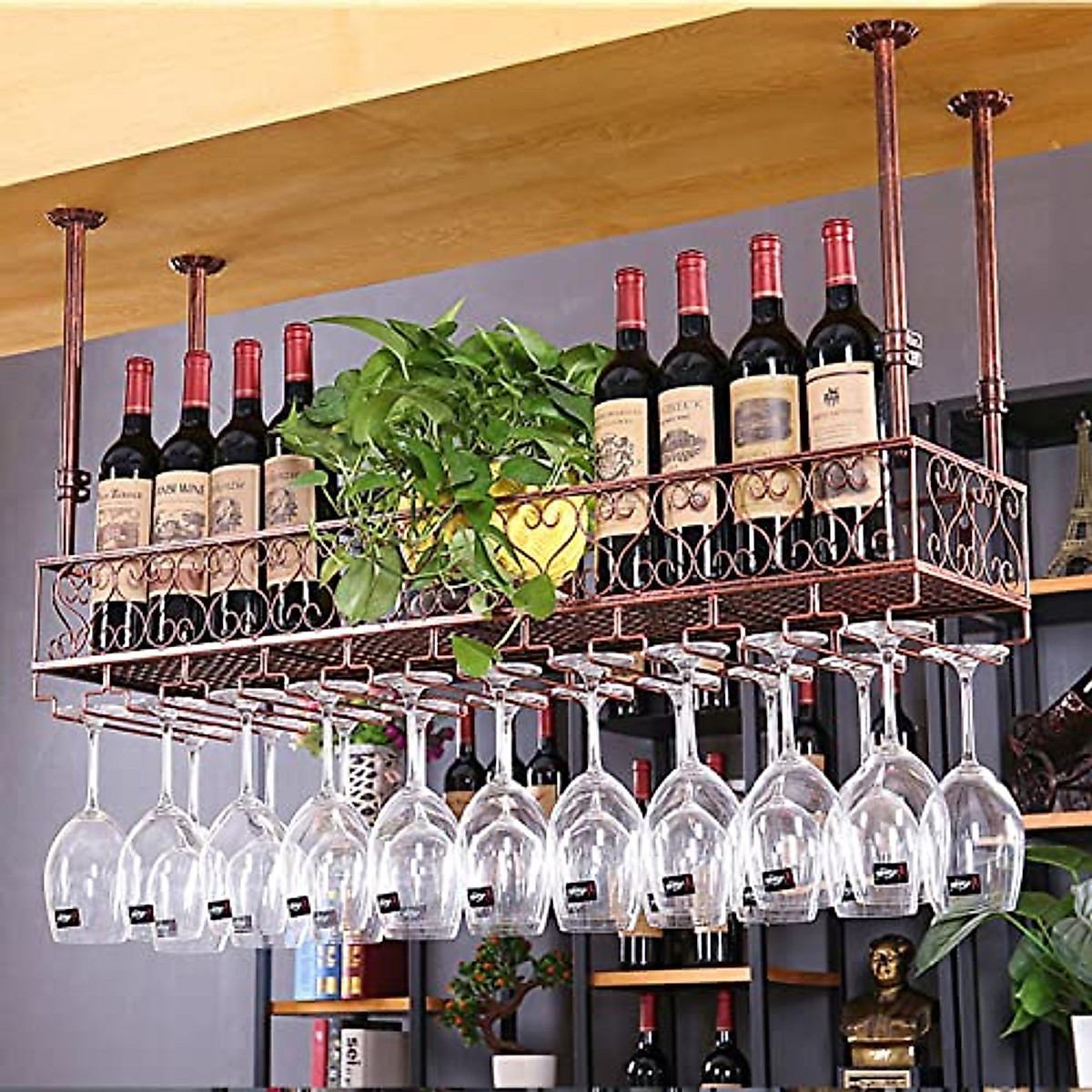 Ceiling Hanging Mounted Iron Wine Rack, Bar Restaurant Storage Shelves,Wall Wine Rack Bottle Holder, Champagne Glass Rack, Home Decor, Bronze (Size : 60x25cm(24x10inch))