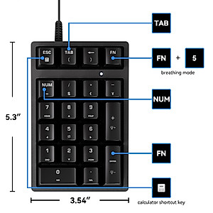 JPHTEK Number Pad, Mechanical USB Wired Numeric Keypad with Blue LED Backlit 21 Key Mini Numpad for Laptop Desktop Computer PC Black