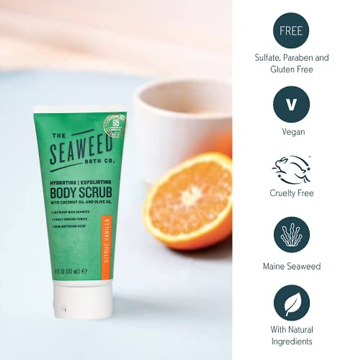 The Seaweed Bath Co. Hydrating Exfoliating Body Scrub, 6 Ounce, Citrus Vanilla Scent, Nutrient Rich Seaweed, Argan Oil, Aloe, Vegan, Paraben Free