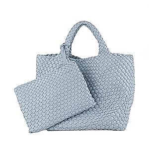 Hereubuy Now Women's Fashion Woven Bag Shopper Hand-Woven Tote Handbags and Purse for Women Ladies Vegan Soft PU Leather Shoulder Bags Large Capacity Underarm (Woven - Light Blue)