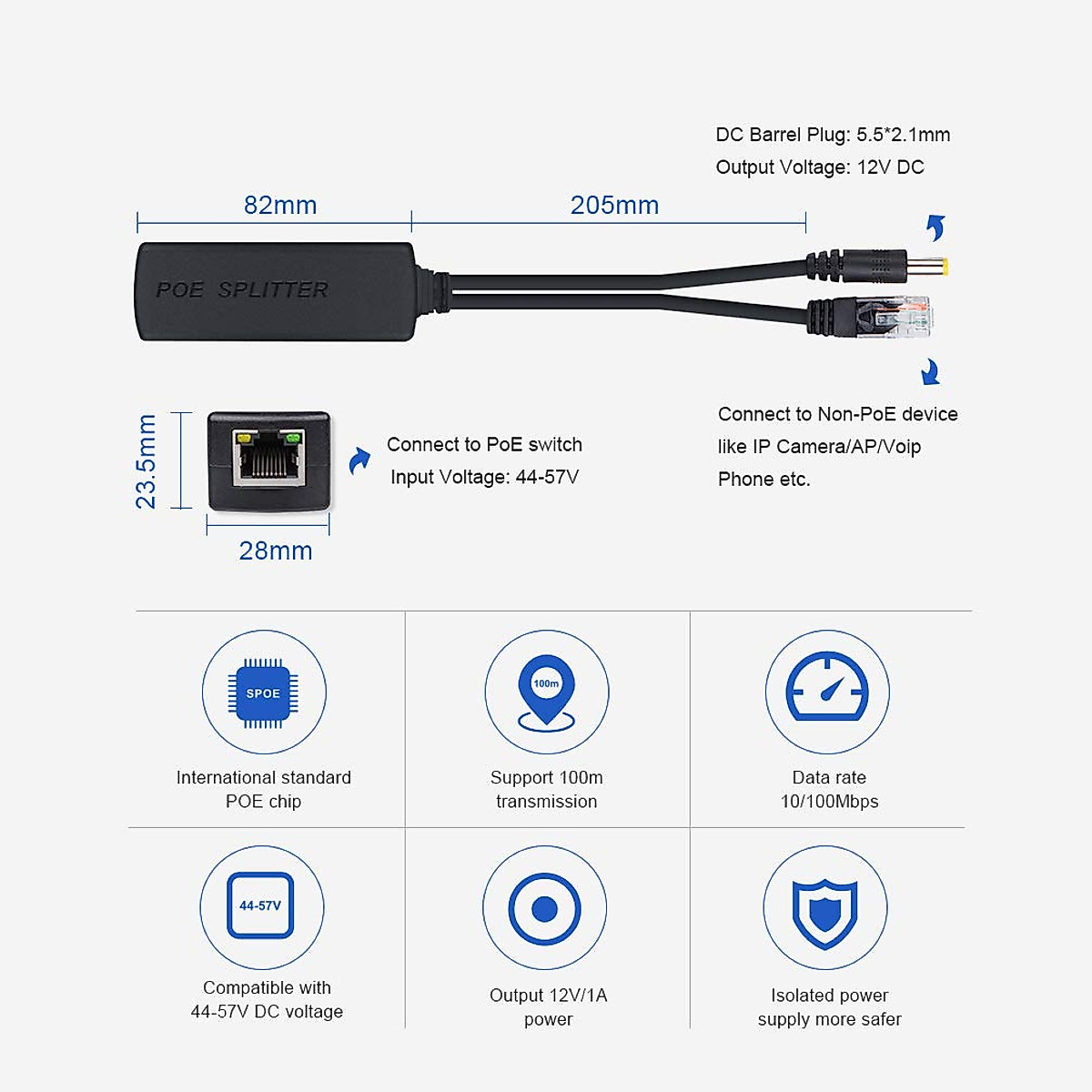 10Gtek POE Splitter Cable 100Mb/s 155Mb/s, 802.3AT/AF, 48V to 12V (PSE chip Inside), 100 Meters Link (2-Pack)