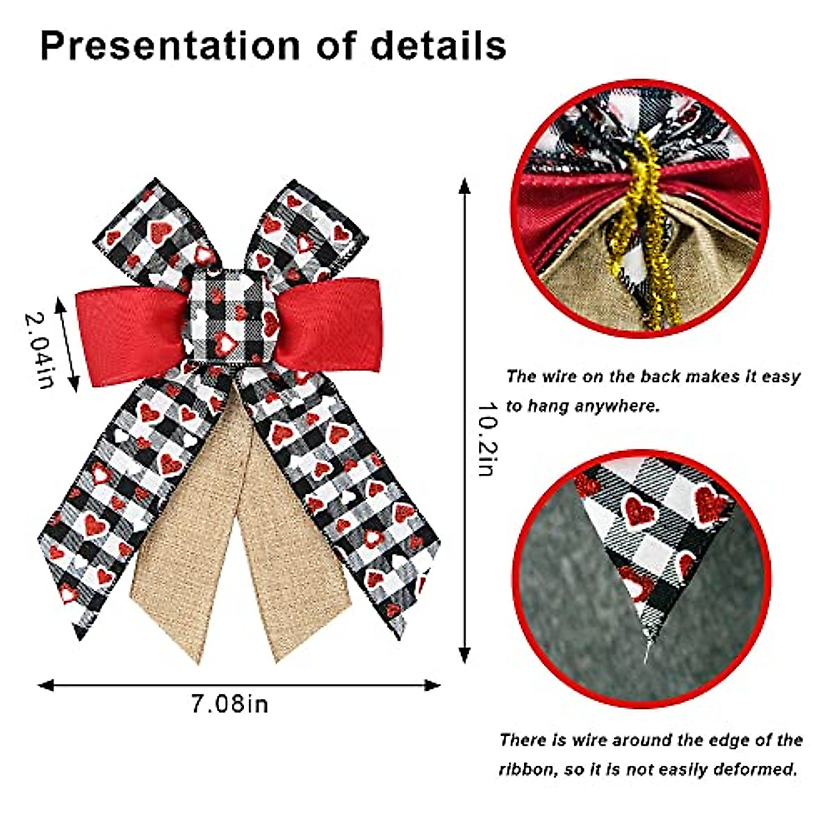 Hying 4 PCS Valentine's Day Bows for Wreath, Valentines Wreath Bow Black White Buffalo Plaid Bows Red Burlap Gift Bows for Front Door Wall Valentines Wedding Party Decorations