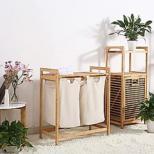 Bamboo Laundry Hamper with Dual Compartments,2 Section Floor Stand Bathroom Storage Shelf Cabinet with Removable Sliding Bags & Shelf Large Freestanding Portable Laundry Basket Hamper Organizer