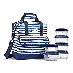 Fit & Fresh Douglas Adult Insulated Lunch Bag with Front Pouch & Carry Strap, Complete Lunch Kit Includes 6 Containers, Navy, Large
