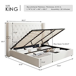 PaPaJet Lift Up Storage Bed King Size Upholstered Platform Bed Frame Button Tufted Wingback Headboard Hydraulic Lifting Storage Underneath/Wood Slats Support/Easy Assembly/Cream