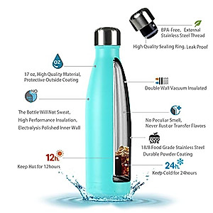 Aurbhosa 17oz Insulated Water Bottle Stainless Steel Water Bottle Double Walled Metal Sports Water Bottle Vacuum Cola Shape Thermos 24 Hours Cold 12 Hours Hot Leak-Proof Sports Flask, Light Blue