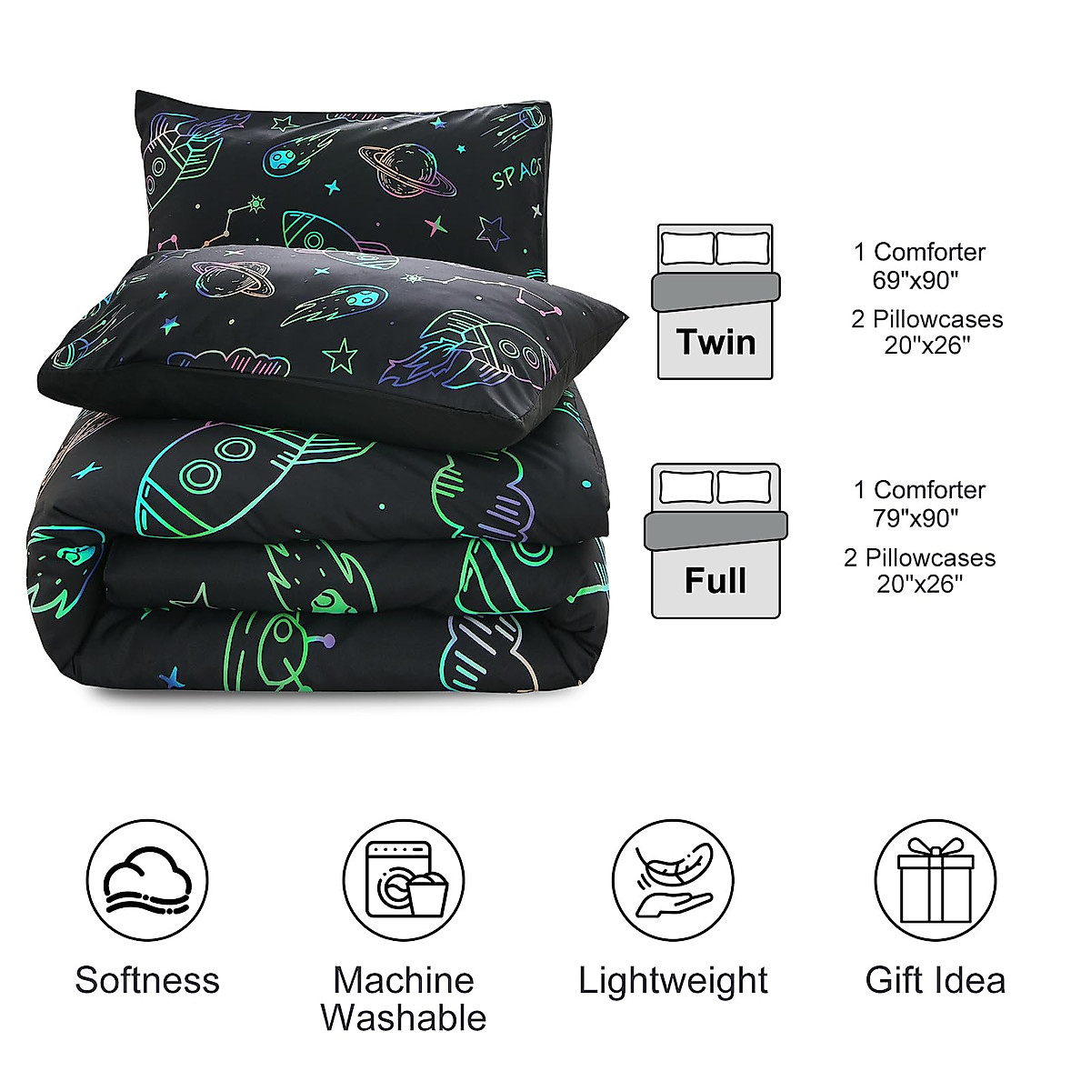 Aimuan Space Bedding Twin Bed Comforter Kids Rocket Bedding Set Super Soft & Cute Aliens UFO Printed for Boys Girls Teen (Black, Twin)