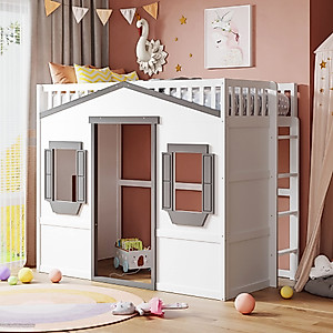 Harper & Bright Designs House Loft Bed Full Size Kids Playhouse Bed, Solid Wood Loft Bed Frame with Window and Ladder, for Girls Boys (Full Size, White+Gray)
